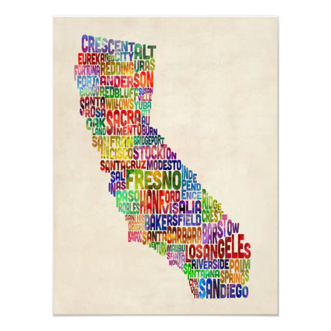 California Typography Text Map Photo Print | Zazzle