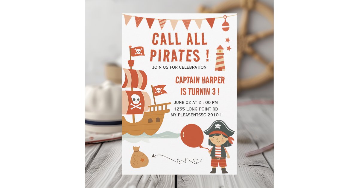 Call All Pirates Kids Birthday | Nautical Pirate Invitation | Zazzle
