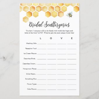 CALLA Bee Scattergories Bridal Shower Game Card | Zazzle