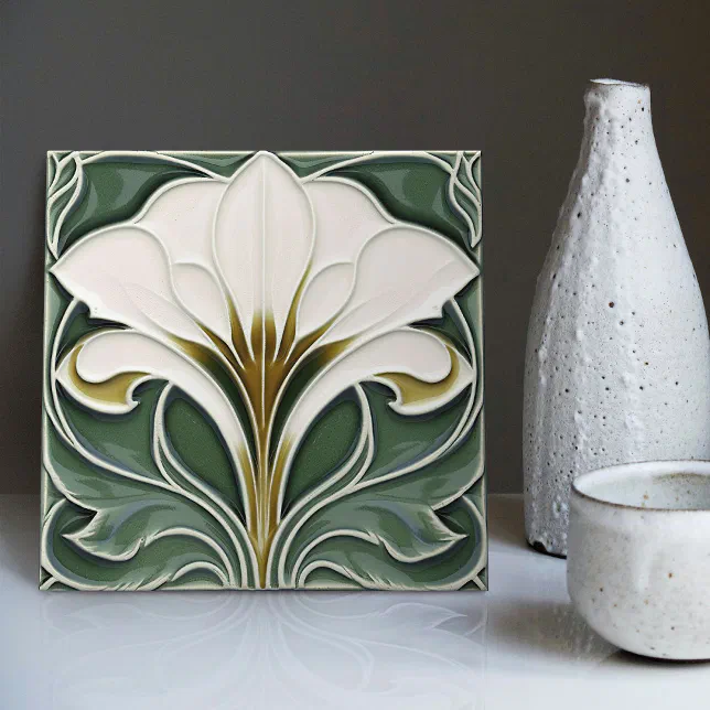 Calla Lily Green Floral Wall Decor Art Nouveau Ceramic Tile | Zazzle