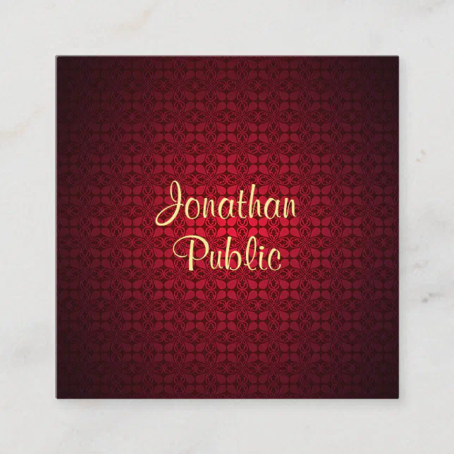 Calligraphed Script Name Red Damask Template Chic Square Business Card ...