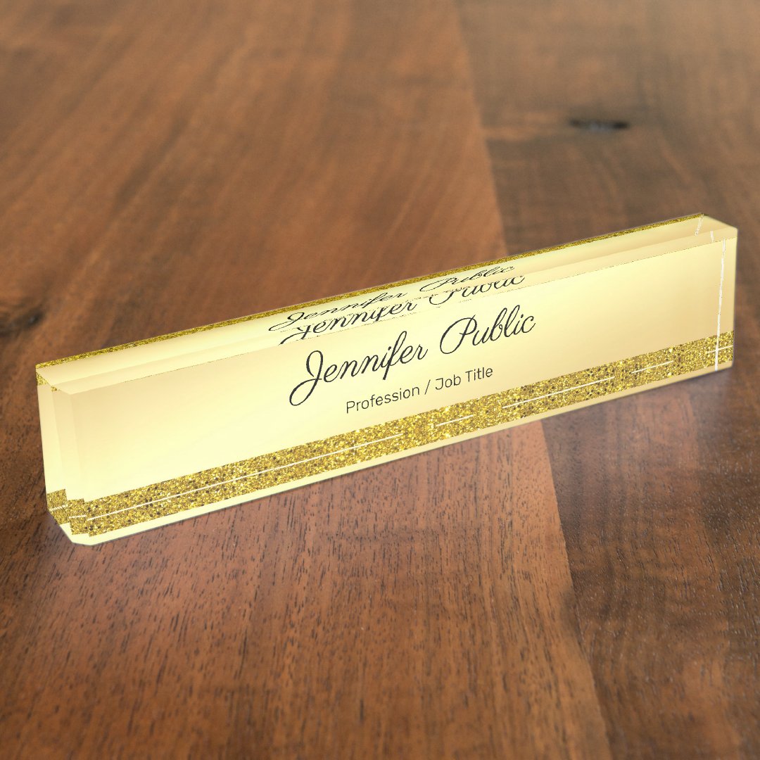 Calligraphed Text Name Elegant Gold Glitter Modern Desk Name Plate | Zazzle