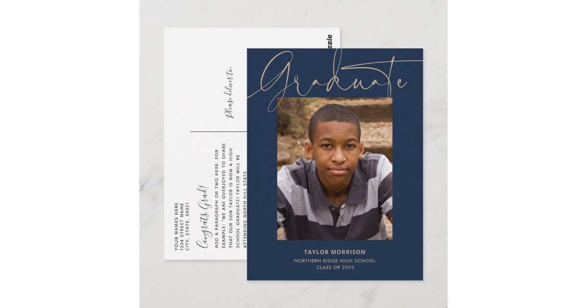 Calligraphy 1-Photo Blue & Gold Graduation Postcard | Zazzle