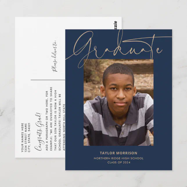 Calligraphy 1-Photo Blue & Gold Graduation Postcard | Zazzle