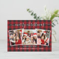 Calligraphy 3 Photo Christmas Red Buffalo Plaid Holiday Card | Zazzle