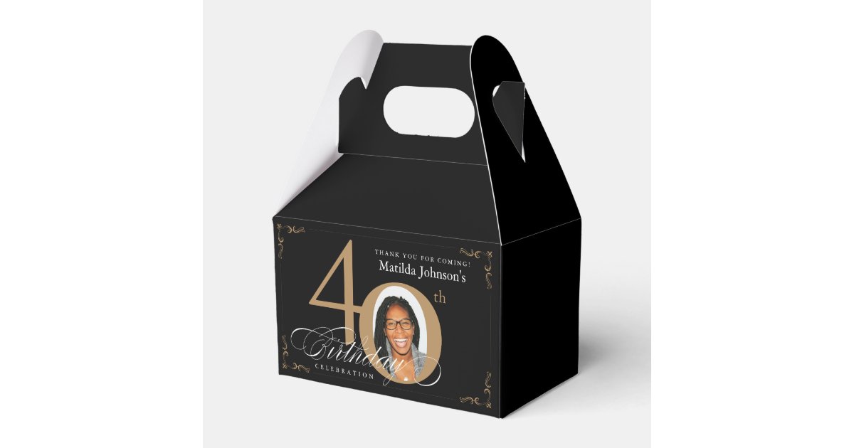Calligraphy 40th Birthday Black Gold Elegant Photo Favor Boxes | Zazzle