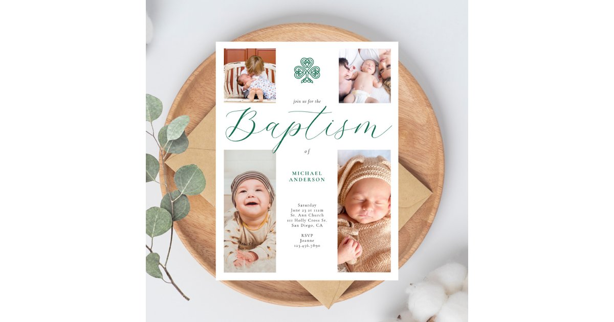 Calligraphy 4 Photo Cross Shamrock Irish Baptism Postcard | Zazzle