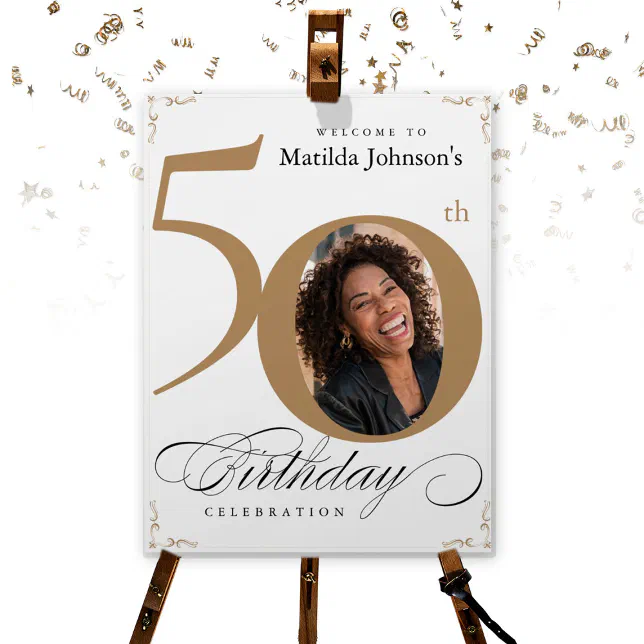 Calligraphy 50th Birthday Gold White Welcome Sign | Zazzle