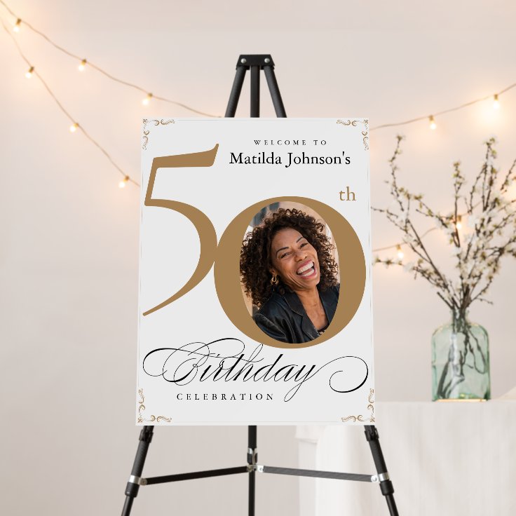 Calligraphy 50th Birthday Gold White Welcome Sign | Zazzle