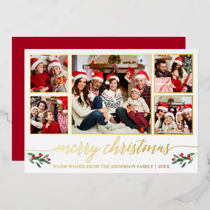 Calligraphy 5 Photo Family Christmas Red Gold Foil Holiday Card | Zazzle