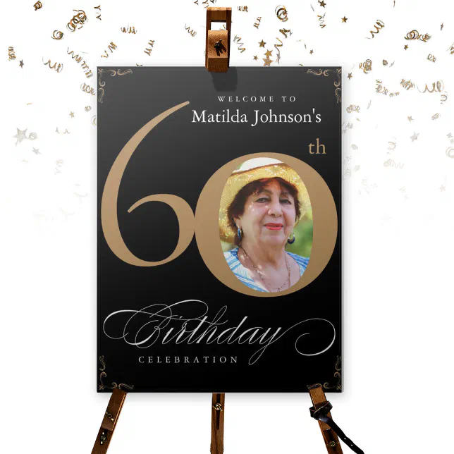 Calligraphy 60th Birthday Gold Black Welcome Sign | Zazzle