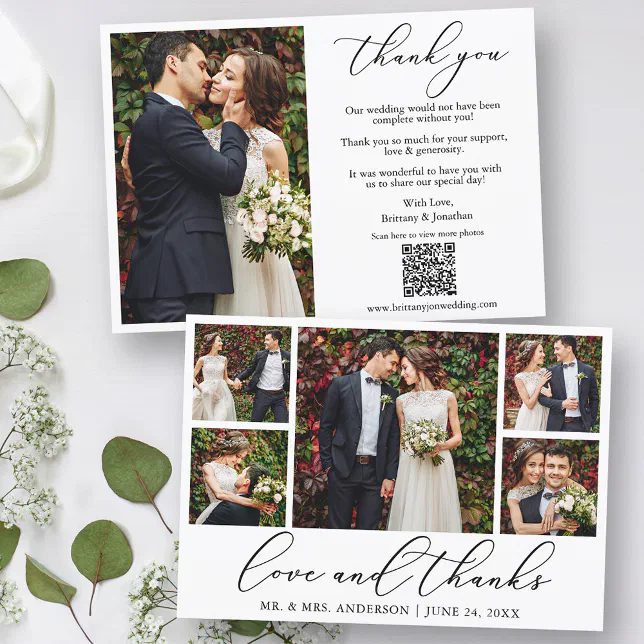 Calligraphy 6 Photo Love Thanks QR Code Wedding Thank You Card | Zazzle
