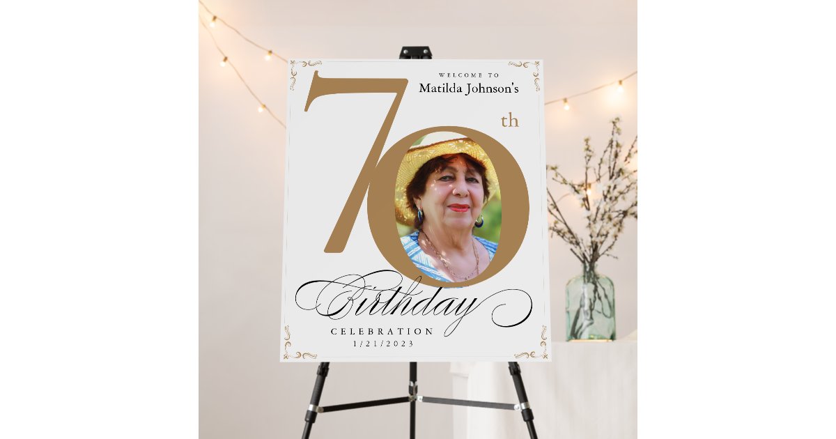 Calligraphy 70th Birthday Party Gold White Sign | Zazzle