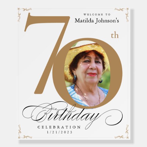 Calligraphy 70th Birthday Party Gold White Sign | Zazzle