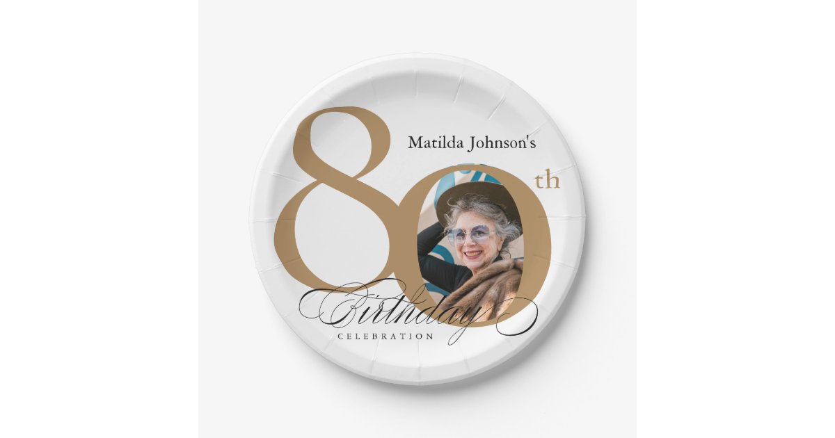 Calligraphy 80th Birthday Elegant Gold White Photo Paper Plates | Zazzle