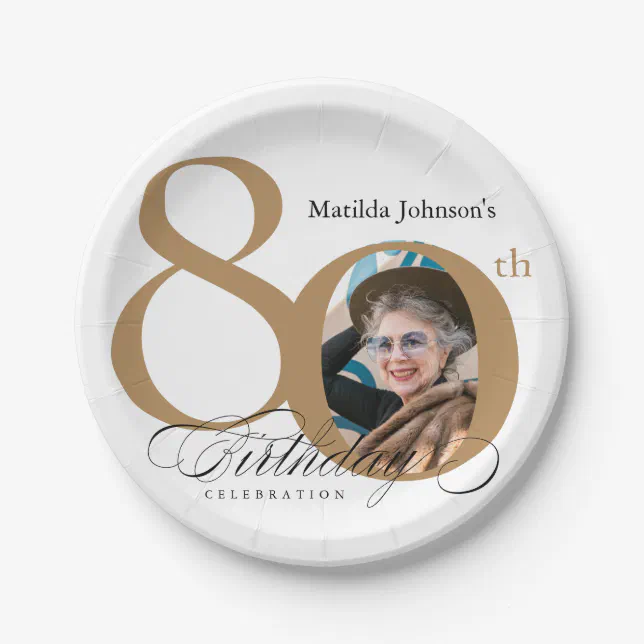 Calligraphy 80th Birthday Elegant Gold White Photo Paper Plates | Zazzle