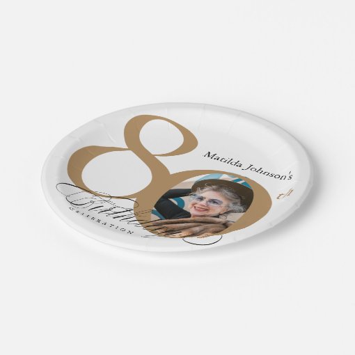 Calligraphy 80th Birthday Elegant Gold White Photo Paper Plates | Zazzle