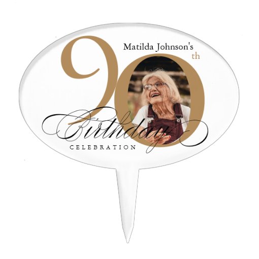 Calligraphy 90th Birthday White Gold Custom Photo Cake Topper | Zazzle