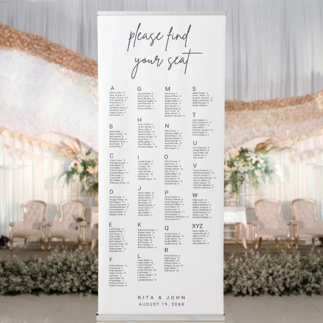 Calligraphy Alphabetical Wedding Seating Chart Retractable Banner | Zazzle