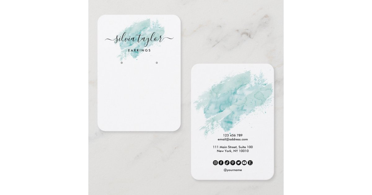 Calligraphy art Earring display card turquoise | Zazzle