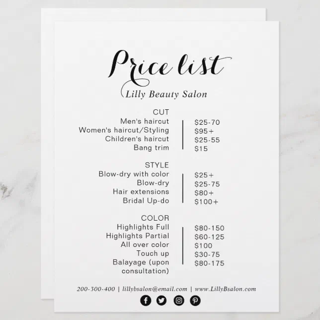 Calligraphy Beauty Salon Price List | Zazzle