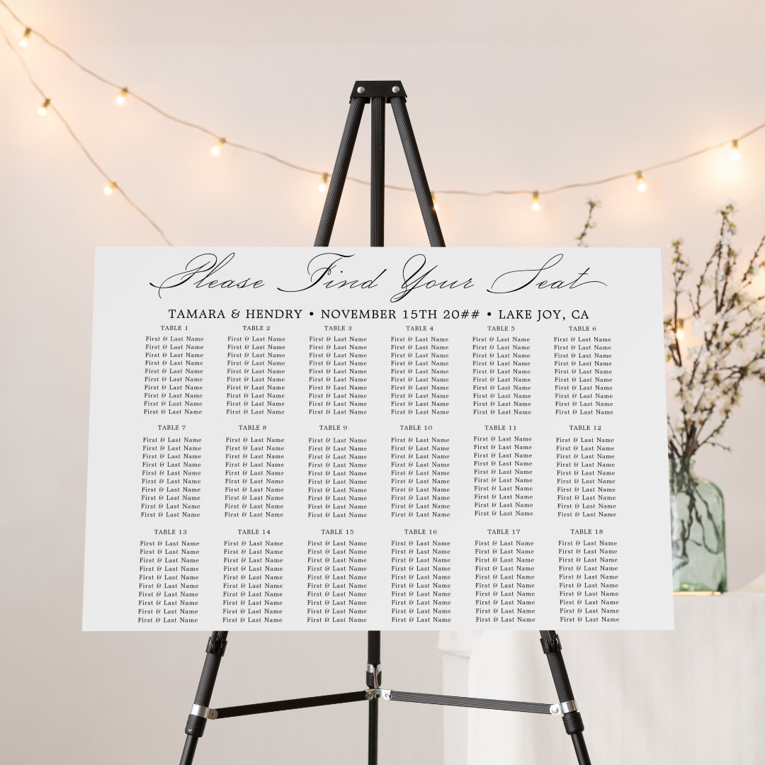Calligraphy Black and White 18 Table Seating Chart Foam Board | Zazzle