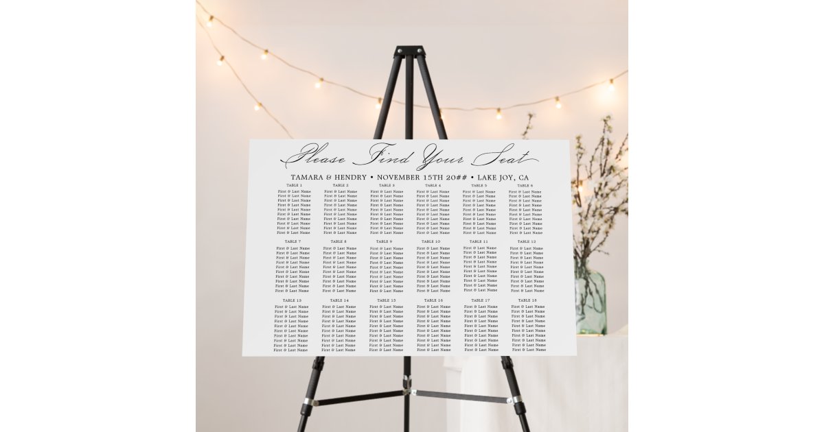 Calligraphy Black and White 18 Table Seating Chart Foam Board | Zazzle