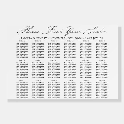 Calligraphy Black and White 18 Table Seating Chart Foam Board | Zazzle