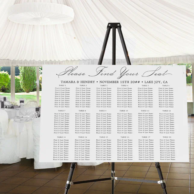 Calligraphy Black and White 18 Table Seating Chart Foam Board | Zazzle