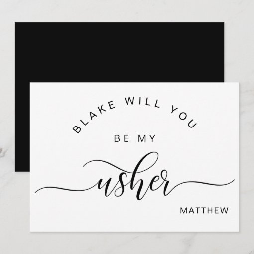 Calligraphy Black and White, Be My Usher Card | Zazzle
