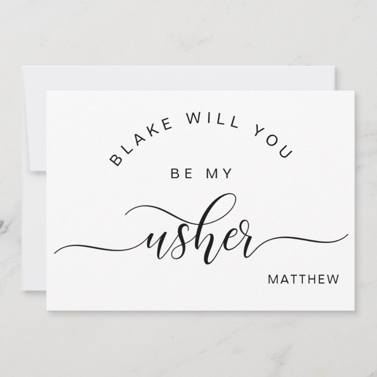 Calligraphy Black and White, Be My Usher Card | Zazzle