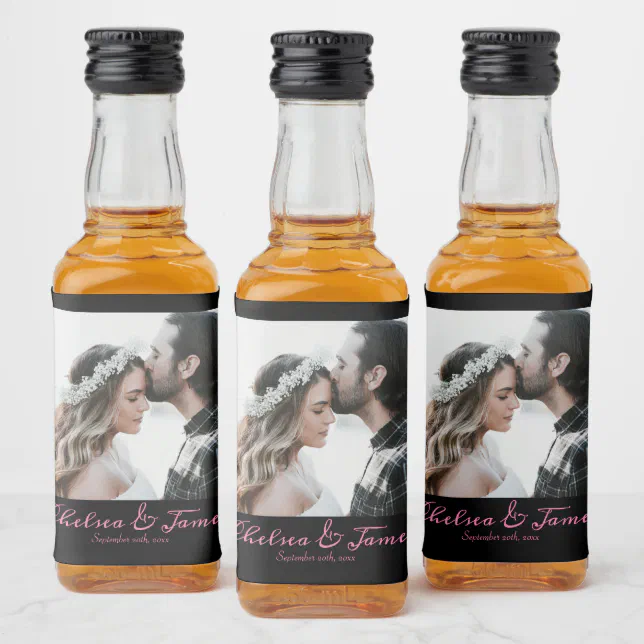 Calligraphy Black & Pink Wedding Photo Liquor Bottle Label | Zazzle