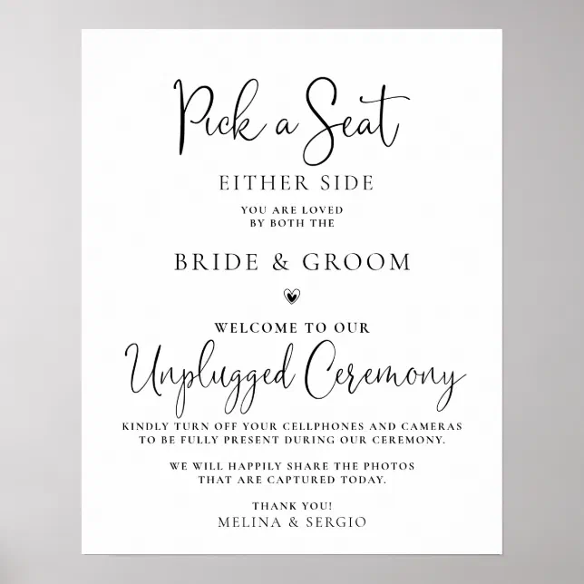 Calligraphy Black Wedding Unplugged Ceremony Poster | Zazzle