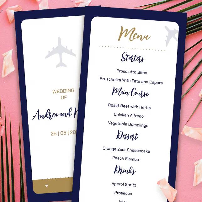 Calligraphy Blue Boarding Pass Wedding Menu | Zazzle