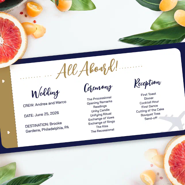 Calligraphy Blue Boarding Pass Wedding Program | Zazzle