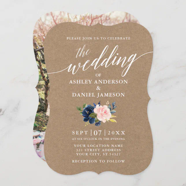 Calligraphy Blue Pink Floral Wedding Kraft Photo Invitation | Zazzle