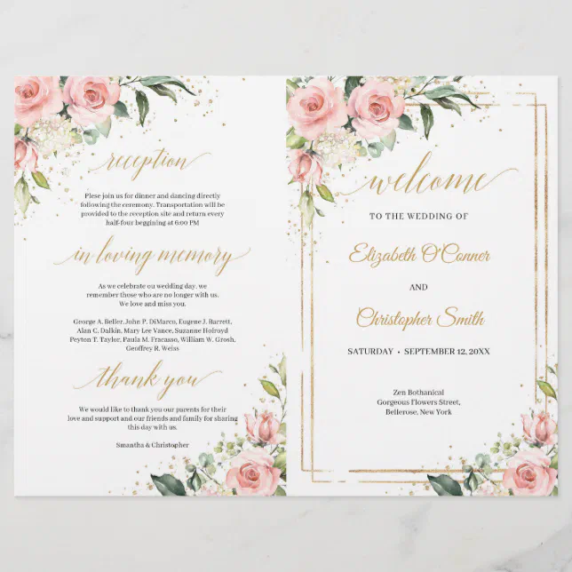 Calligraphy blush pink roses gold folded program | Zazzle