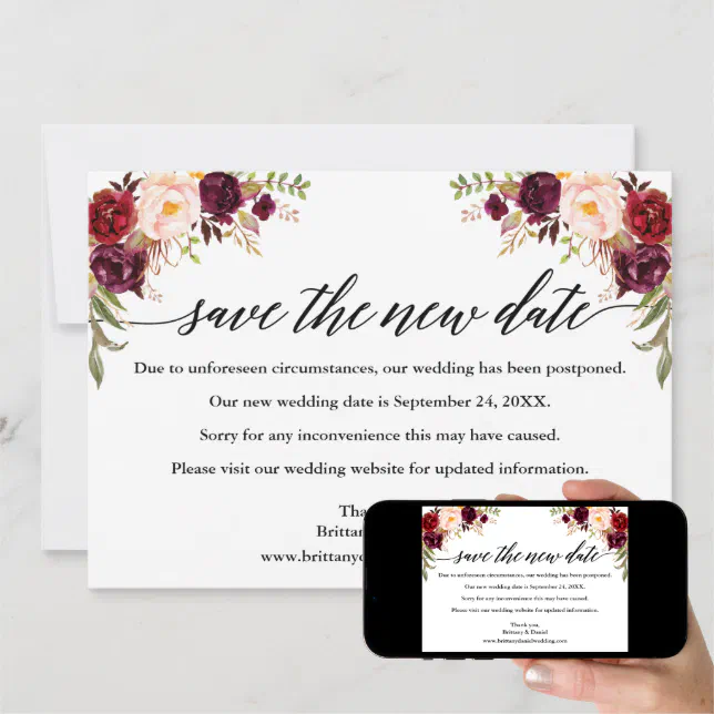 Calligraphy Burgundy Floral Save The New Date Card | Zazzle