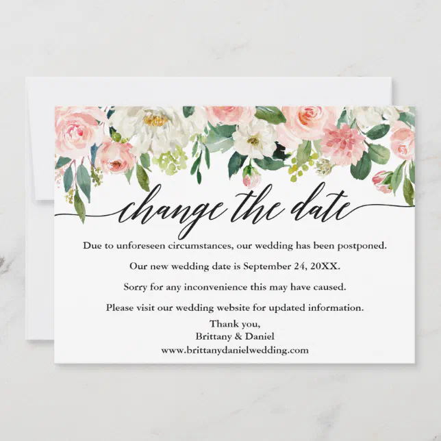 Calligraphy Change The Date Pink Floral Card | Zazzle
