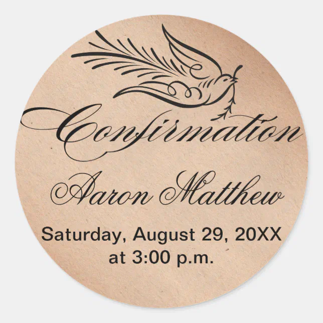 Calligraphy Confirmation Text and Dove Classic Round Sticker | Zazzle