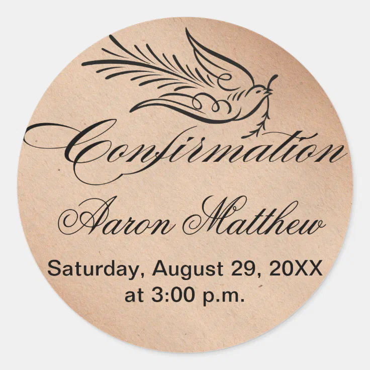 Calligraphy Confirmation Text and Dove Classic Round Sticker | Zazzle