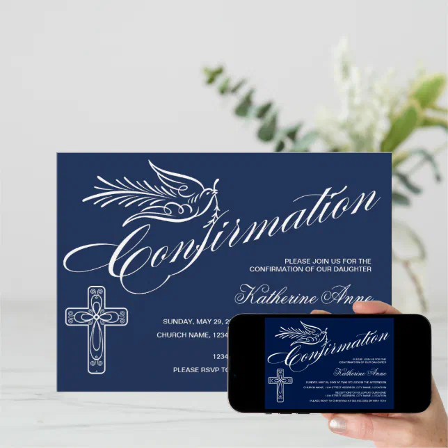 Calligraphy Confirmation with Cross and Dove Invitation | Zazzle