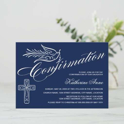 Calligraphy Confirmation with Cross and Dove Invitation | Zazzle