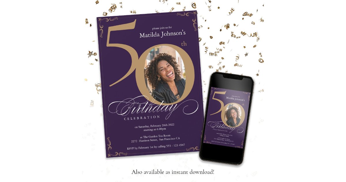 Calligraphy Custom Photo Gold Purple 50th Birthday Invitation | Zazzle