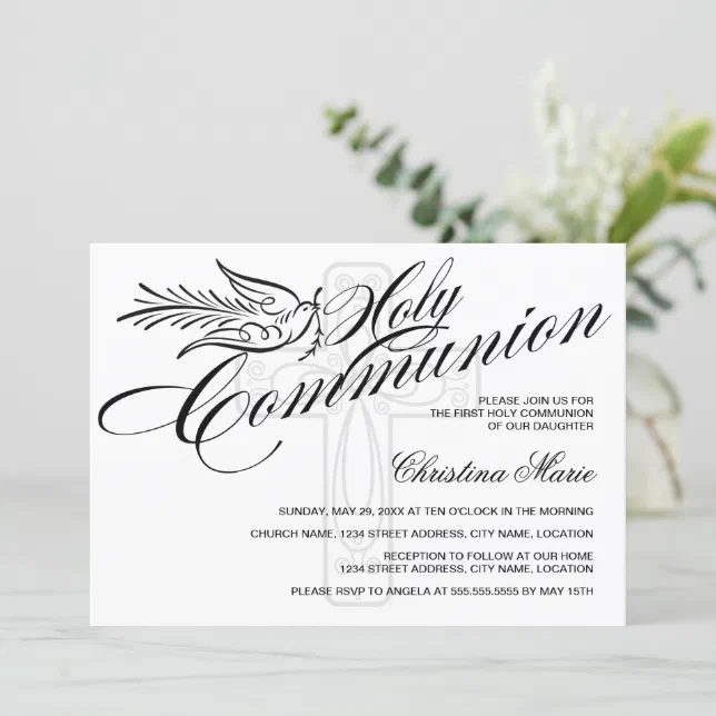 Calligraphy Dove and Cross First Holy Communion Invitation | Zazzle
