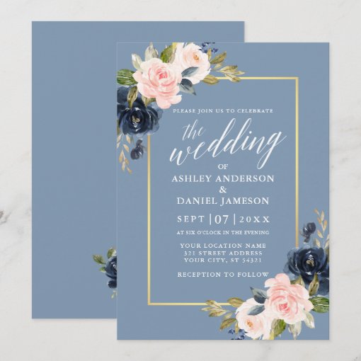 Calligraphy Dusty Blue Pink Floral Gold Frame Invitation | Zazzle