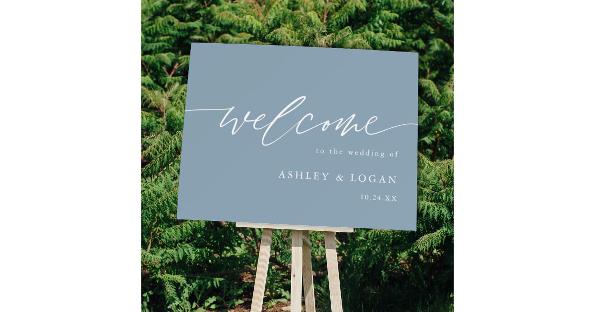 Calligraphy Dusty Blue Welcome To The Wedding Sign | Zazzle