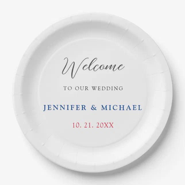 Calligraphy Elegant Black & White Welcome Wedding Paper Plates | Zazzle
