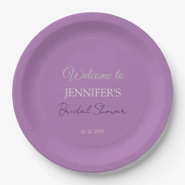 Calligraphy Elegant Lavender Welcome Bridal Shower Paper Plates | Zazzle