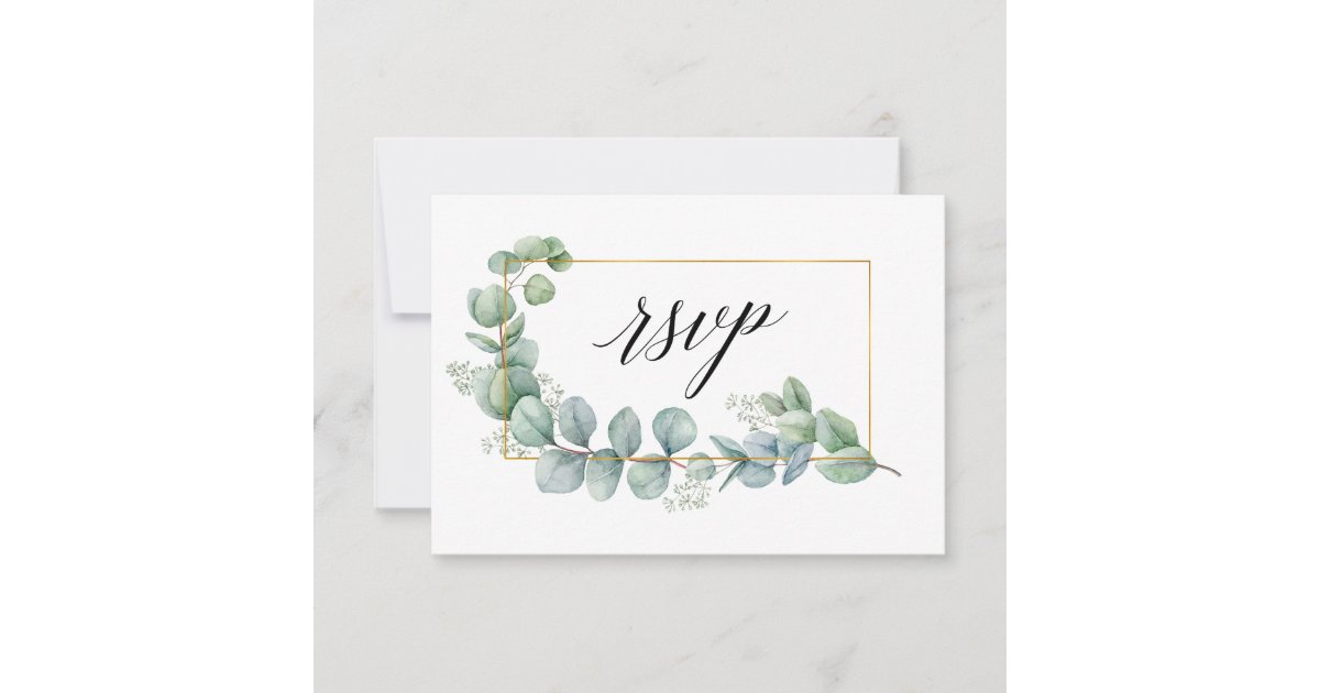 Calligraphy Eucalyptus Greenery Gold Frame Wedding RSVP Card | Zazzle